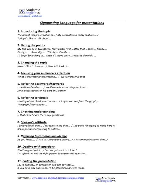 Signposting Language For Presentations 1 Introducing The Topic Pdf
