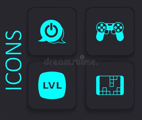 set portable video game console power button game controller joystick and level icon black