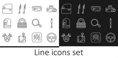 세트 라인 스티어링 휠 충격 흡수장치 자동차 도어 핸들 타이어 기어 시프터 미러 및 윈드스크린 와이퍼 아이콘 벡터 자물쇠에 대한