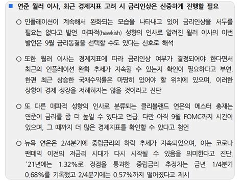 코멘트 연준 월러 최근 경제지표 고려시 금리인상은 신중하게 진행할 필요 국금센터