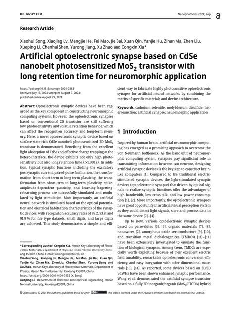 Pdf Artificial Optoelectronic Synapse Based On Cdse Nanobelt