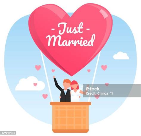 그냥 결혼된 커플 심장 모양의 공기 풍선에 비행 소셜 미디어 웹 페이지 배너 프레 젠 테이 션에 대 한 포스터 결혼식에 대한