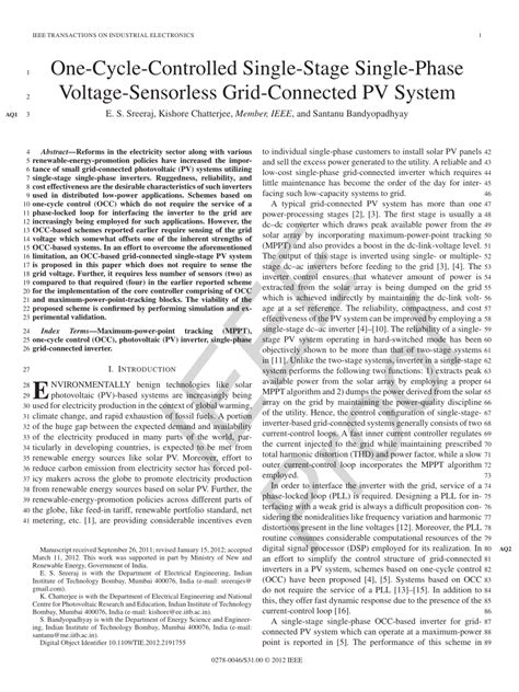 Pdf One Cycle Controlled Single Stage Single Phase Voltage Sensorless Grid Connected Pv System
