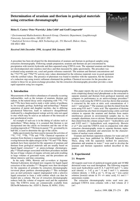 Pdf Determination Of Uranium And Thorium In Geological Materials Using Extraction Chromatography