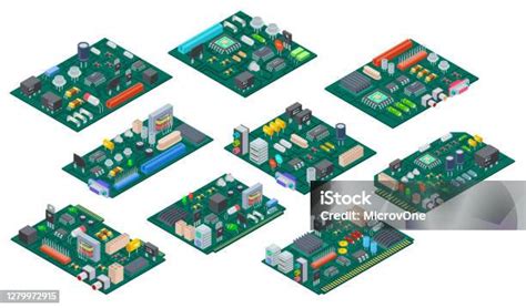 회로 기판 등소메트릭 전자 컴퓨터 구성 요소 마더 보드 반도체 마이크로칩 다이오드 하드웨어 벡터 부품 등측투영법에 대한 스톡 벡터 아트 및 기타 이미지 Istock