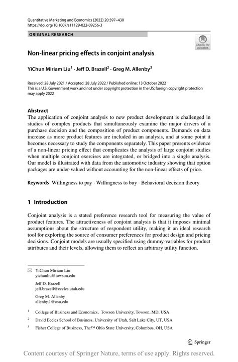 Non Linear Pricing Effects In Conjoint Analysis Request Pdf