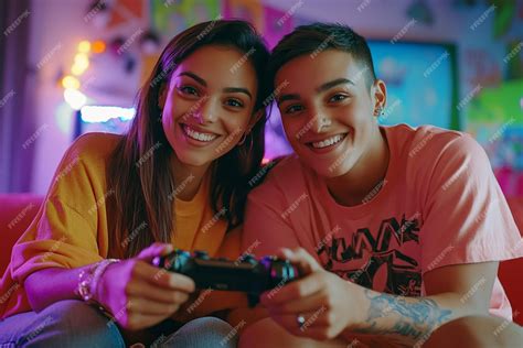 A Man And Woman Are Smiling And Holding A Game Controller Premium Ai Generated Image
