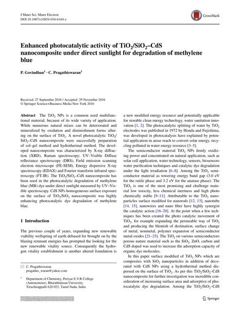 Pdf Enhanced Photocatalytic Activity Of Tio2 Sio2 Cds Nanocomposite Under Direct Sunlight For