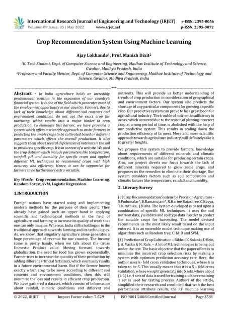 Crop Recommendation System Using Machine Learning Pdf