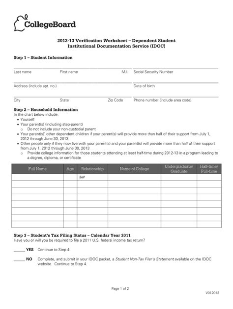 Verification Worksheet Dependent Student Idoc 2012 Fill And Sign