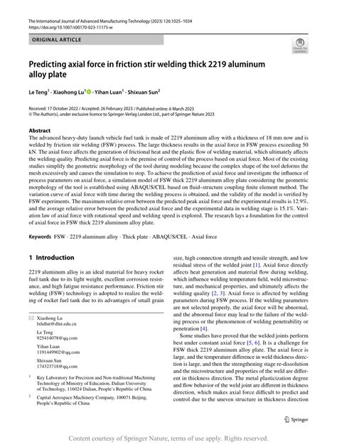 Predicting Axial Force In Friction Stir Welding Thick 2219 Aluminum Alloy Plate Request Pdf