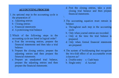 Accounting Process Sample QUIZ ACCOUNTING PROCESS An Optional Step In The Accounting Cycle Is