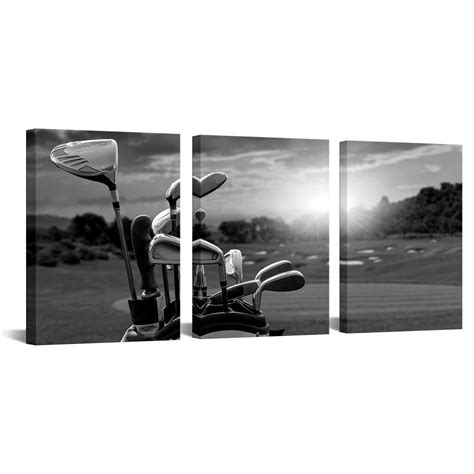 Levvarts 3 Panel Black And White Golf Canvas Wall Art Golf