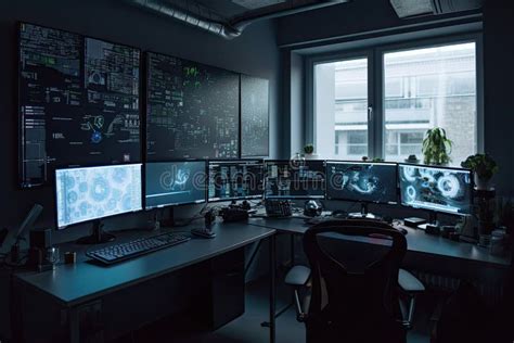 A Computer Desk With Multiple Monitors And Keyboards On It Generative Ai Stock Illustration