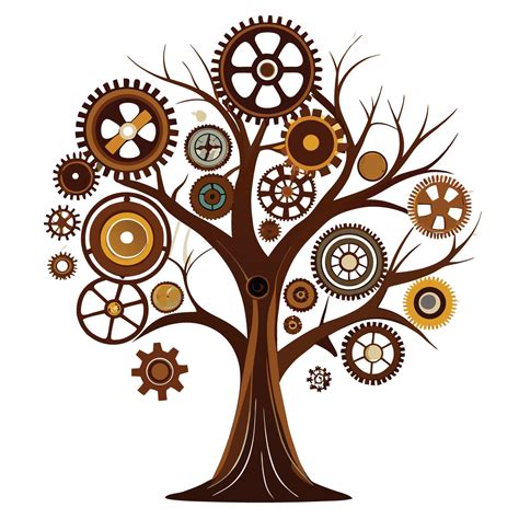 Clockwork Gear Tree With Pink Flowers And Green Leaves In A Garden