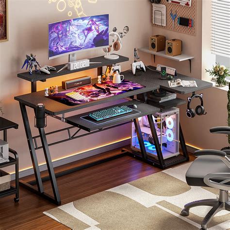 Gaming Desk With Power Outlets And Led Lights L Shaped