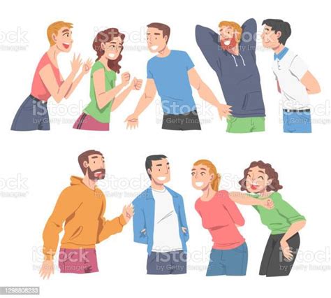 함께 서 서 행복 한 사람들 캐릭터의 그룹 웃음과 이야기 절반 길이 벡터 일러스트 레이션 세트 우정에 대한 스톡 벡터 아트 및 기타 이미지 Istock