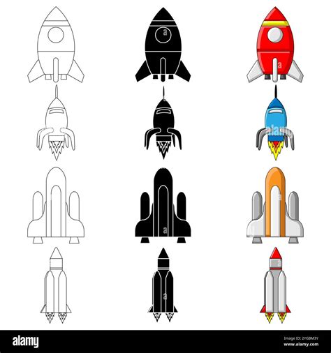 Set Of Rockets Or Spaceships In Black And White Silhouette With A White