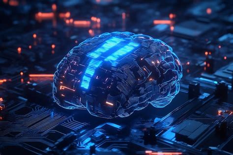 Futuristic artificial intelligence concept with a glowing digital brain on a computer chip ...
