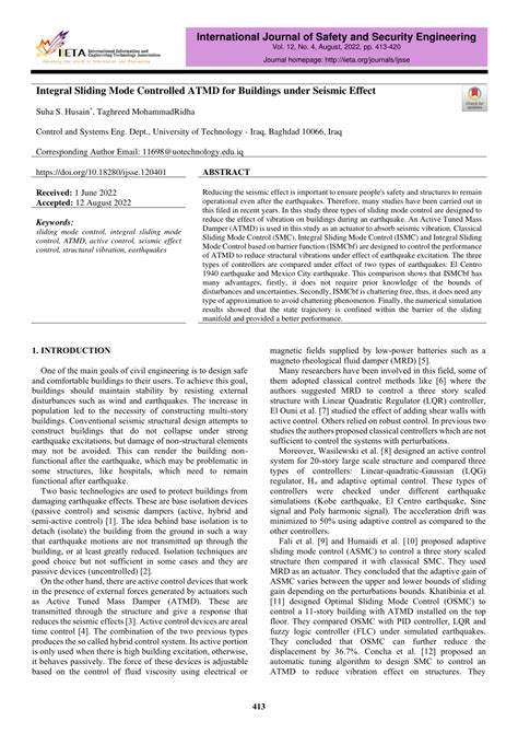 Pdf Integral Sliding Mode Controlled Atmd For Buildings Under Seismic Effect