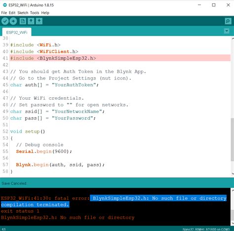 blynksimpleesp32 h no such file or directory compilation terminated