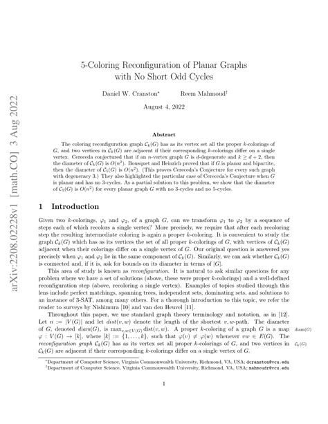 Pdf 5 Coloring Reconfiguration Of Planar Graphs With No Short Odd Cycles