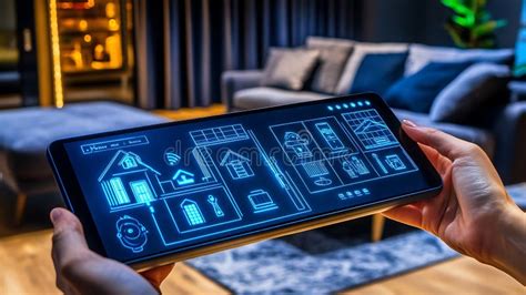 person using a tablet to control smart home devices remotely stock