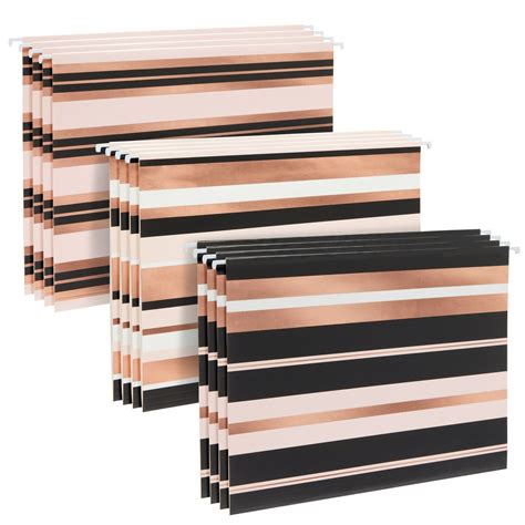 12 Pack Decorative Hanging File Folders Letter Size 1 5 Cut Tabs Rose Gold Foil Stripes 9 5
