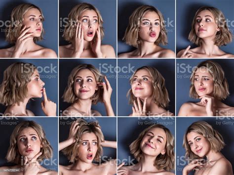 예쁜 여배우 여성 모델의 얼굴을 설정하고 어두운 회색 배경에서 포즈를 취하고 감정을 보여줍니다 빈 스튜디오 벽에 고립 된 감정적