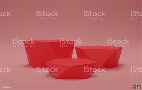 빨간색 기하학적 스텝 연단 3 빨간 육각형 큐브 빨간색 배경에 사각형 연단 컨셉 장면 무대 쇼케이스 제품 프로모션 판매 배너