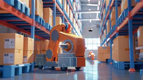 In A Warehouse Interior Robots Work On Pallets Using Robot Arms Drones And Automated Machines