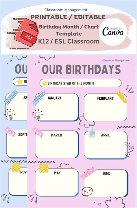 Birthday Month Chart For K12 Esl Classroom Editable Pdf Printable