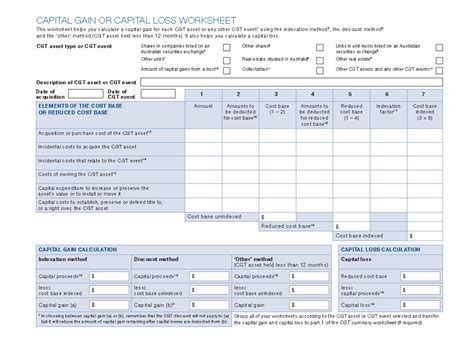 Cgt Gain Or Loss Worksheet 2021 Date Of Acquisition Date Of Cgt Event 1 2 3 4 5 6 7 Elements