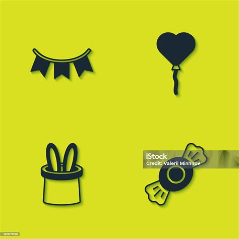 깃발 사탕 마술사 모자 토끼 귀와 심장 아이콘의 형태로 풍선 카니발 화환을 설정합니다 벡터 갈란드 장식품에 대한 스톡 벡터 아트 및 기타 이미지 Istock