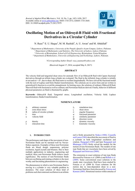 Pdf Oscillating Motion Of An Oldroyd B Fluid With Fractional