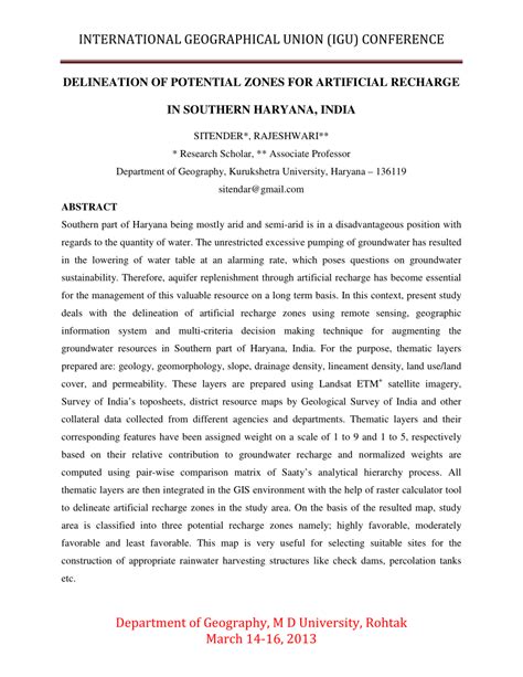 Pdf Delineation Of Potential Zones For Artificial Recharge In Southern Haryana India