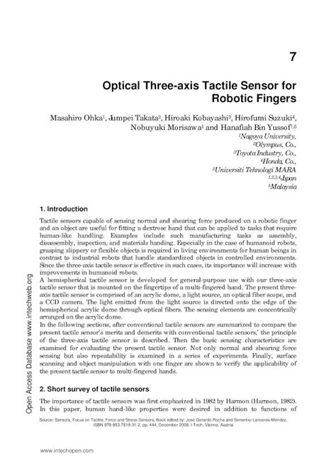 Pdf Optical Three Axis Tactile Sensor For Robotic Fingers · 7 Optical