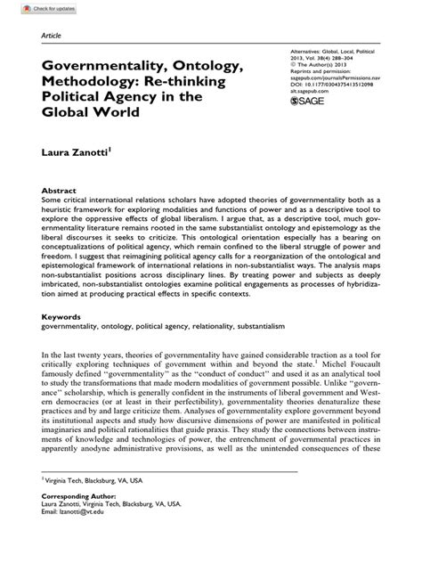 Governmentality Ontology Methodology Re Thinking Political Agency In The Global World Pdf