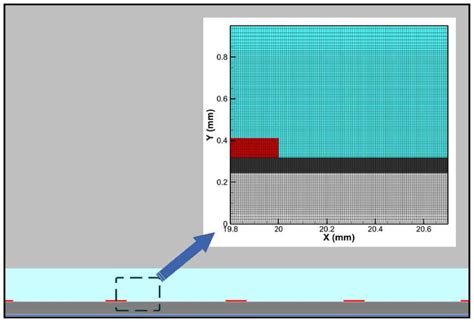 computational domain and mesh distribution units in mm for different