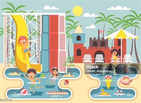벡터 일러스트 레이 션 만화 캐릭터 어린이 남자와 여자 들떠 또는 휴식 워터 파크 워터 슬라이드 수영장을 타고 하는 관광 명소 Deckchairs 태양 우산 평면 스타일