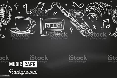 음악 카페 바 펍을 위한 음악 악기와 커피 컵이 있는 매끄러운 패턴 칠판에 있는 음악 카페 배경 벡터 그림입니다 커피 크루아상 커피 컵 레트로 마이크 색소폰 칠판에 오디오
