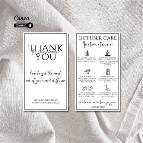 Editable Reed Diffuser Care Instructions Card Template Printable Oil Diffuser Packaging Insert