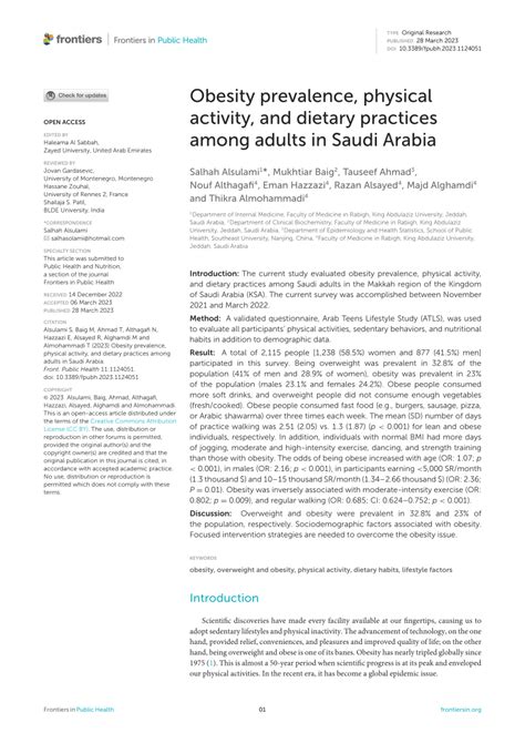 Pdf Obesity Prevalence Physical Activity And Dietary Practices Among Adults In Saudi Arabia
