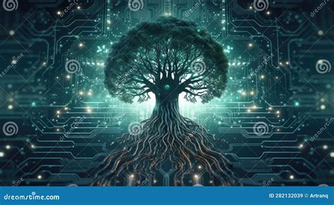 eco friendly neural network tree roots on circuit board stock