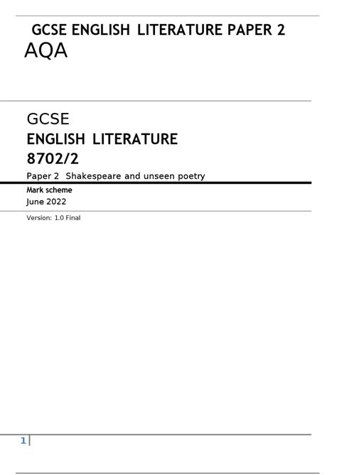 Aqa Gcse English Literature Paper 1n And 2n 1p 2p 1m 2 Together With