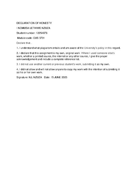 Cus Assignment 2 Declaration Of Honesty I Nomusa Lethiwe Nzuza
