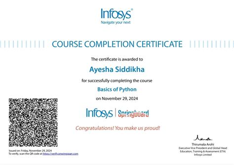 Infosysspringboard Infosys Coursecompletioncertificate Ayesha Siddikha