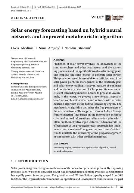 2018 Solar Energy Forecasting Based On Hybrid Neural Network And