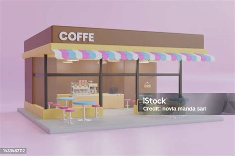 커피 숍의 3d 렌더링 현대 커피 숍 아늑한 카페의 3d 일러스트레이션 정면 전망 카페 가게 커피 숍 또는 커피 하우스 건물 3d 렌더링 3차원 형태에 대한 스톡 사진 및
