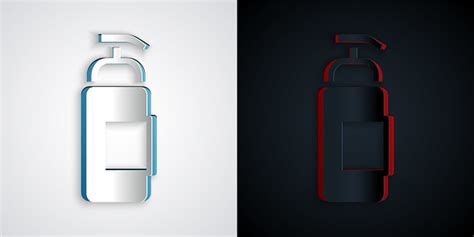 종이 컷 액체 항균 비누의 병은 회색과 검은 색 배경에 분리 디스펜서 아이콘 살 균 소독 위생 스킨 케어 종이 아트 스타일 벡터